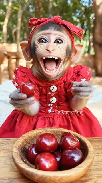 “Adorable Baby Monkey Bubu Eating Fresh Cherries 🍒 | Cute Monkey ASMR ...