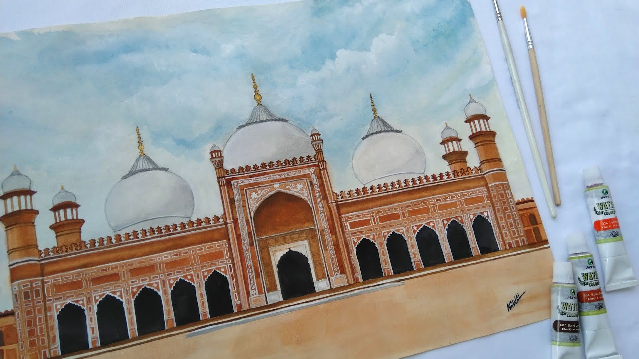 How to Paint Badshahi Masjid with Watercolors Painting - YouTube