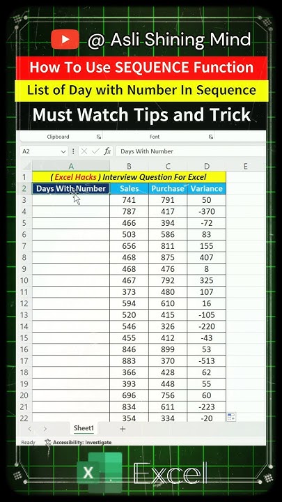 How to Use Sequence function in Excel💥🤯👨‍💻Create List of Day with No.😍 #shorts #excel # ...