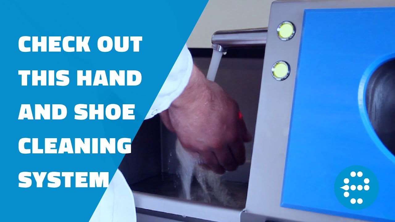 Automated hand & shoe cleaning system with controled access - YouTube