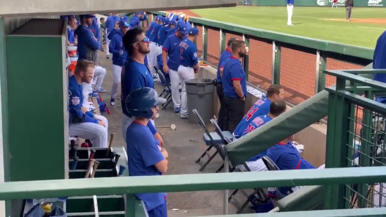 Cubs players talking in the dugout at the Cubs-Angels game - Chicago ...
