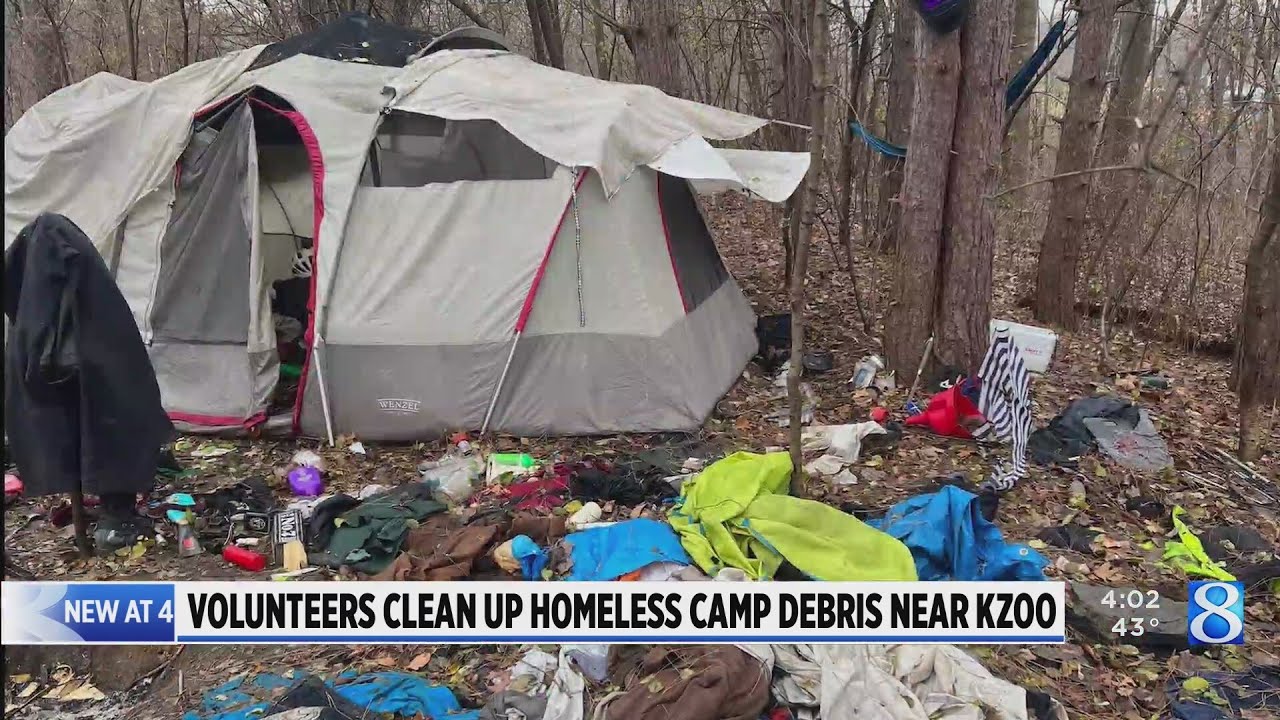 Volunteers clean up homeless camp debris near Kalamazoo - YouTube
