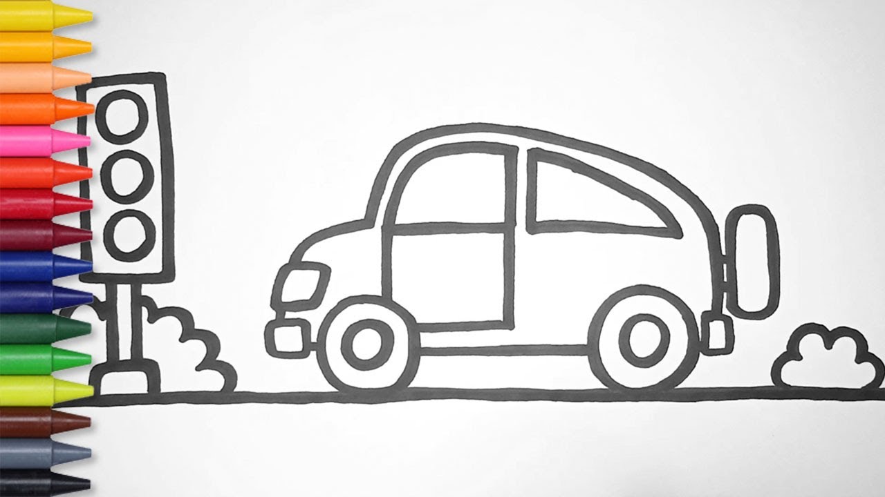 How to Draw Cute Car and Coloring Page with Crayons | Drawing and ...