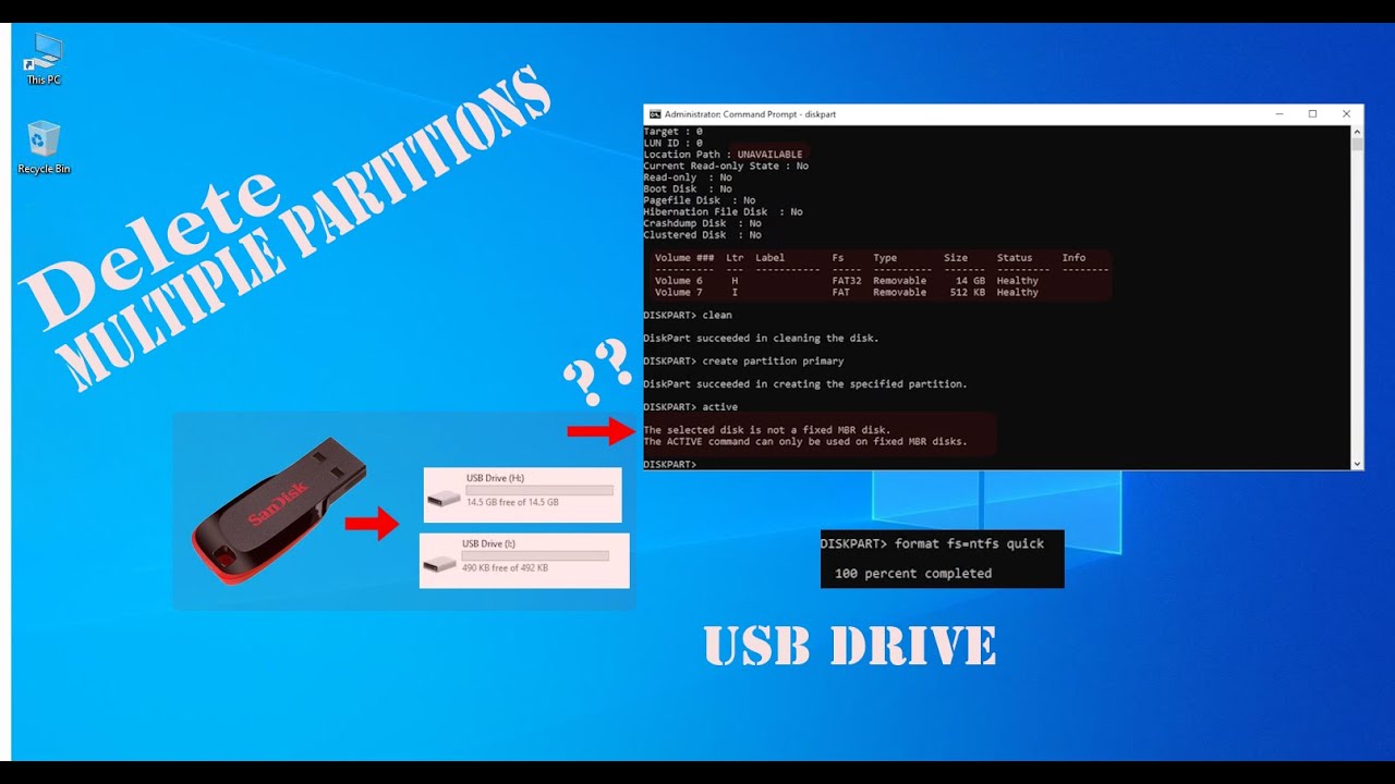 How to Delete multiple partitioned Usb Drive :GPT to MBR System - YouTube