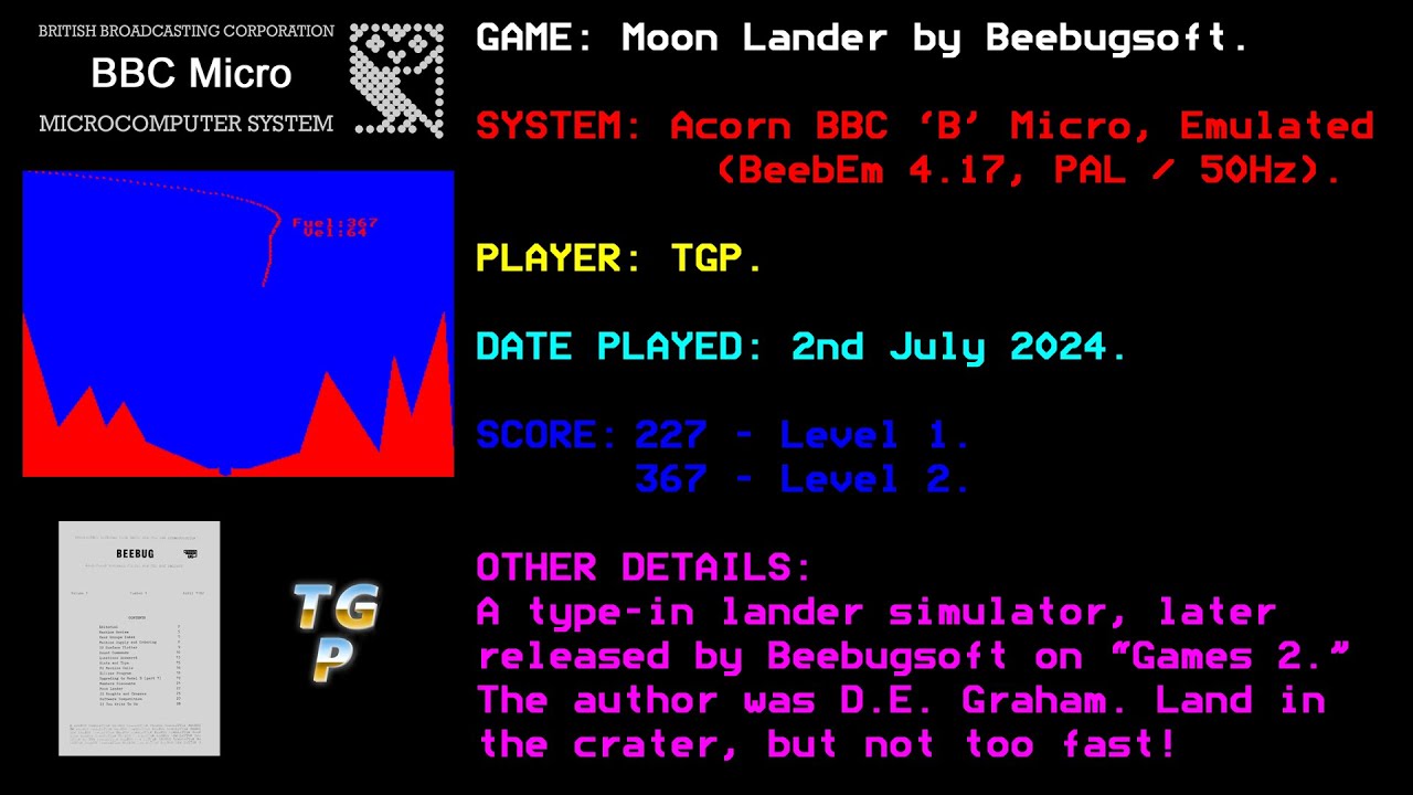 Moon Lander - Beebug - BBC Micro - Emulated, BeebEm - Level 1 - 227 ...