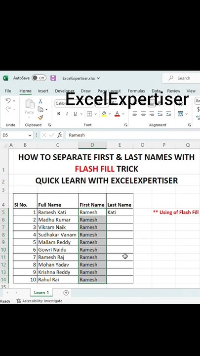 Use flash fill to separate first and last name from a cell #excel #flashfill - YouTube