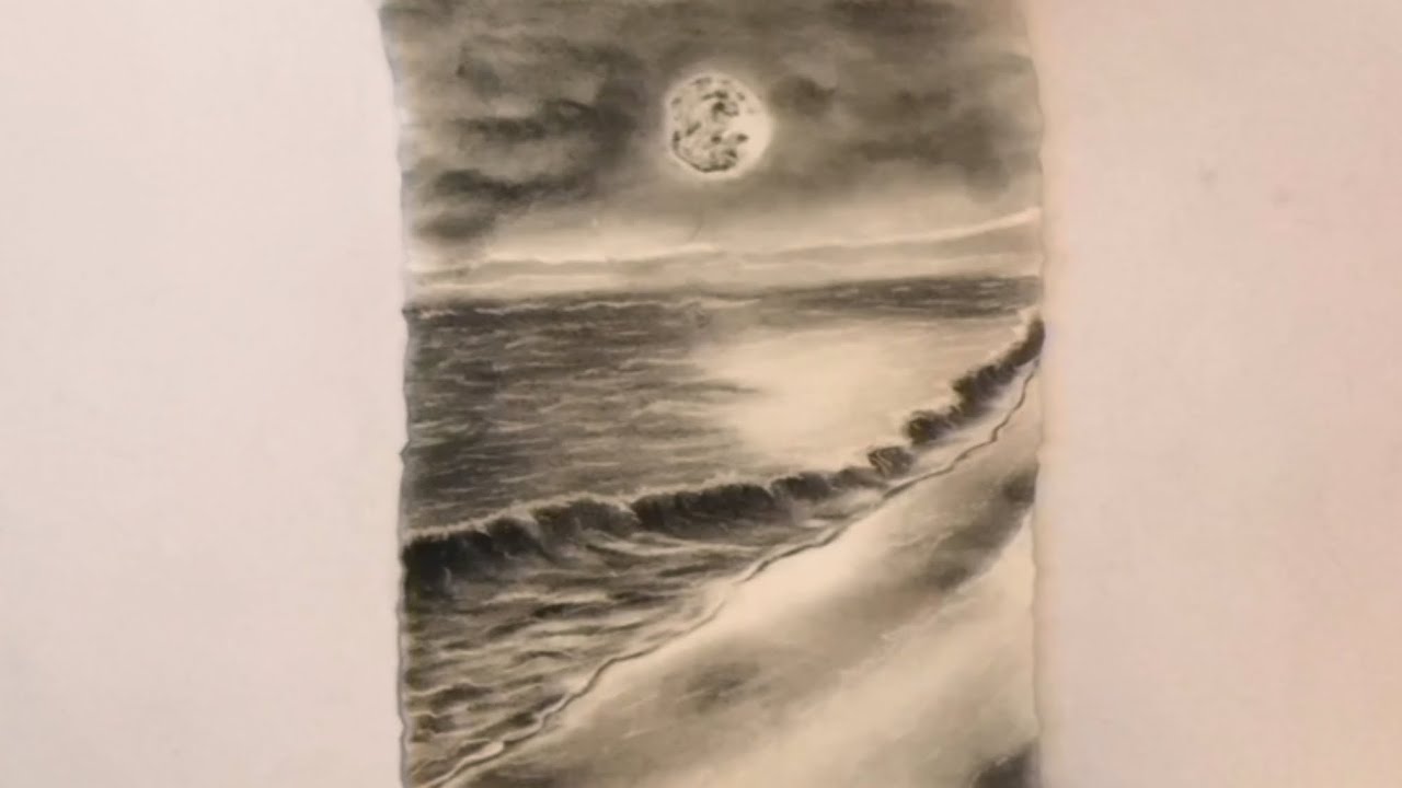 How to draw a realistic seascape in charcoal pencile| drawing moon ...