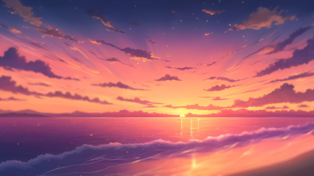Sunset at the Beach | Calming Anime Background with Soothing Ocean ...