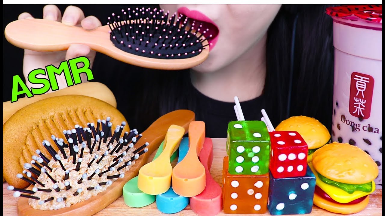 ASMR EDIBLE HAIR BRUSH, SPOON, BUBBLE TEA, GUMMY 먹는 빗, 숟가락, 햄버거 젤리, 주사위 ...