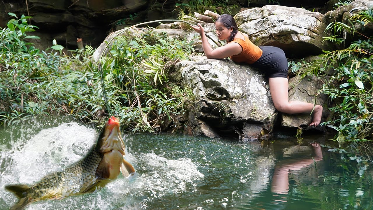 fishing girl. big fish pulls girl down | conquer giant black carp with fishing hook - YouTube