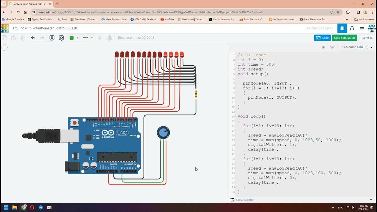 Potentiometer Control 13 LEDs Chasing Speed with Arduino - YouTube