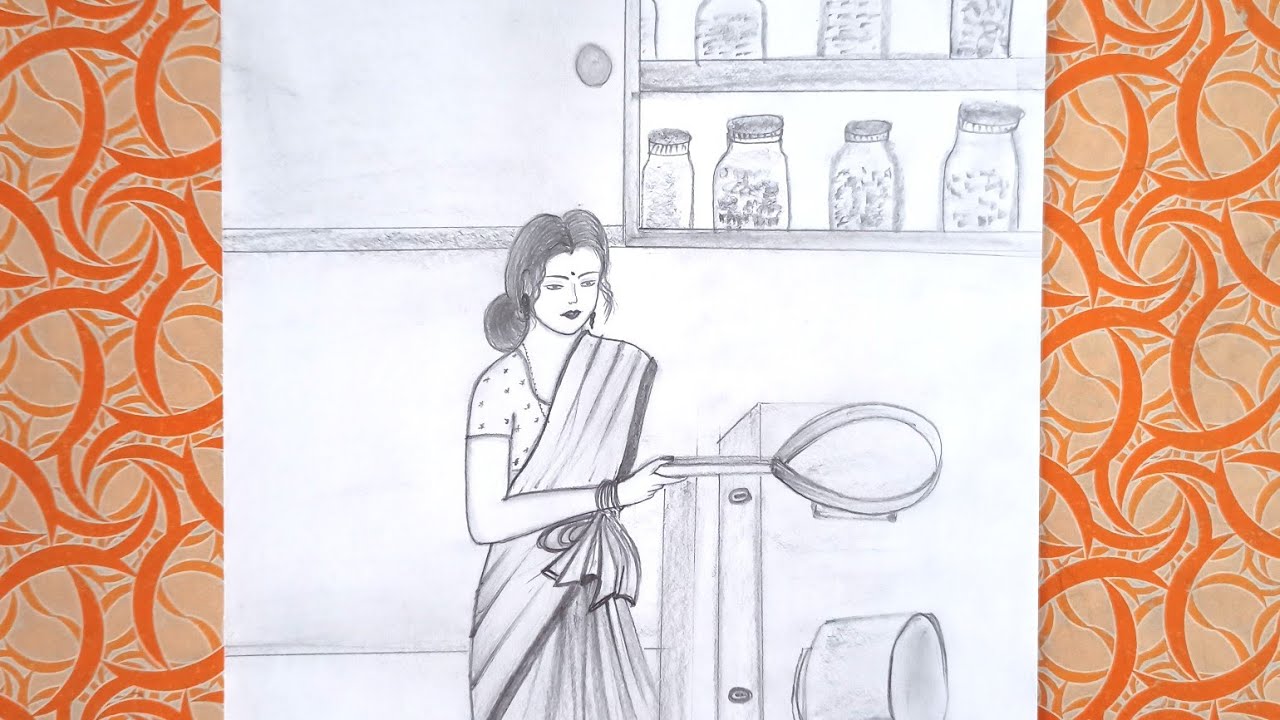 Kitchen Drawing ll Kitchen Drawing with mother l Cooking Women/Girl ...