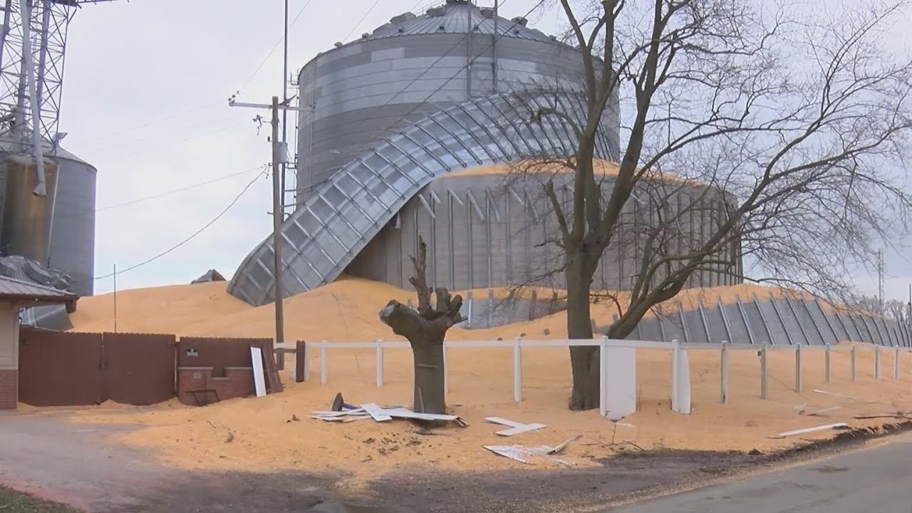 Collapsed grain bin cleanup continues in Arcola - YouTube