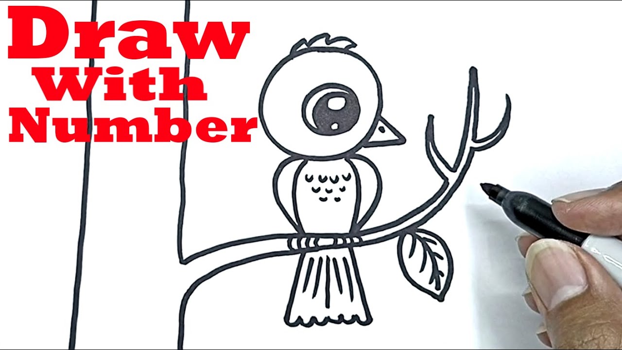 How To Draw A Bird On A Tree With Number 0 | Drawing With Number - YouTube