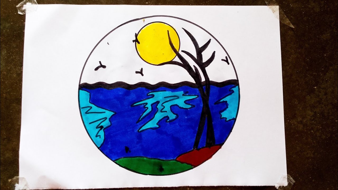 Circle Afternoon Beach 🏖️ Scenery Drawing|| circle Scenery Drawing Easy ...
