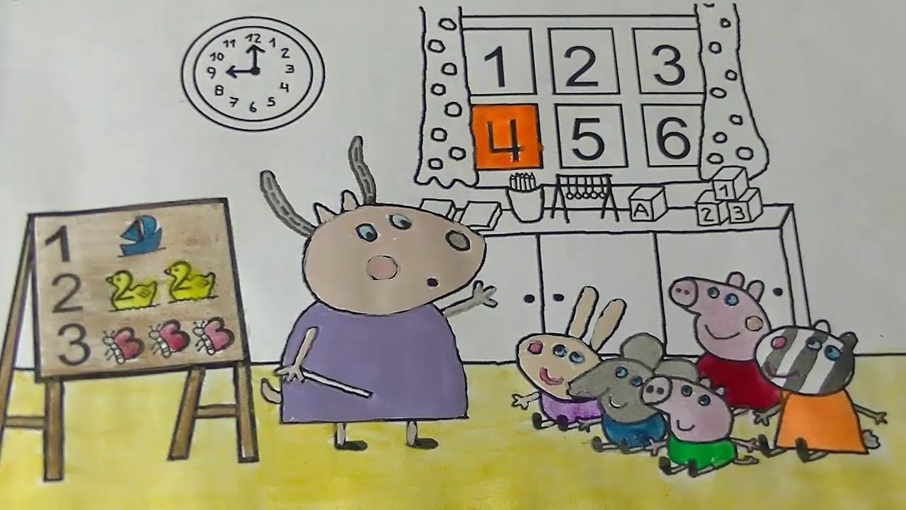 Peppa at the lesson at school - Coloring for kids - YouTube