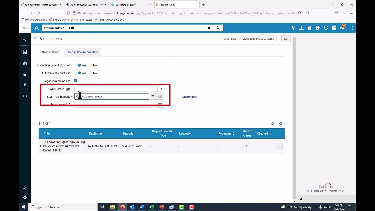 Intro to Alma pt 3: Returns and the Scan In Items Page - YouTube