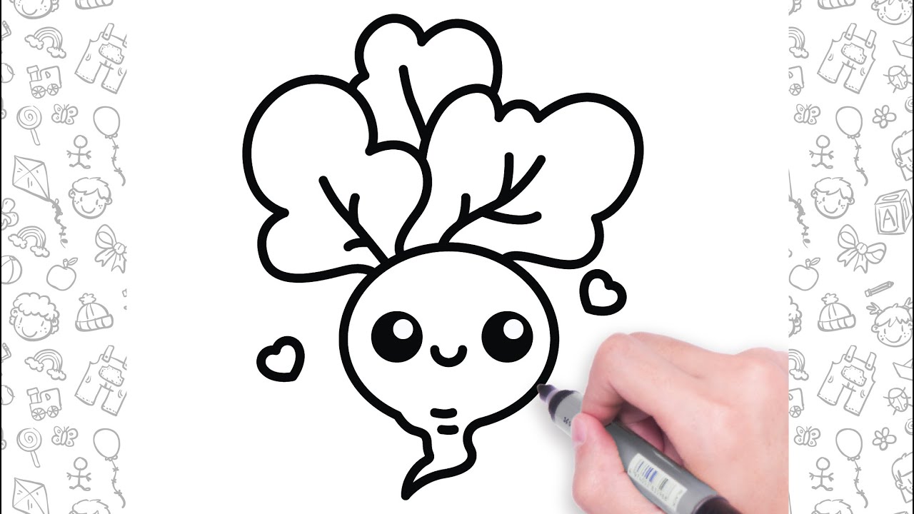 How to Draw a Cute Radish Easy Step by Step | Cute Vegetables Drawing ...