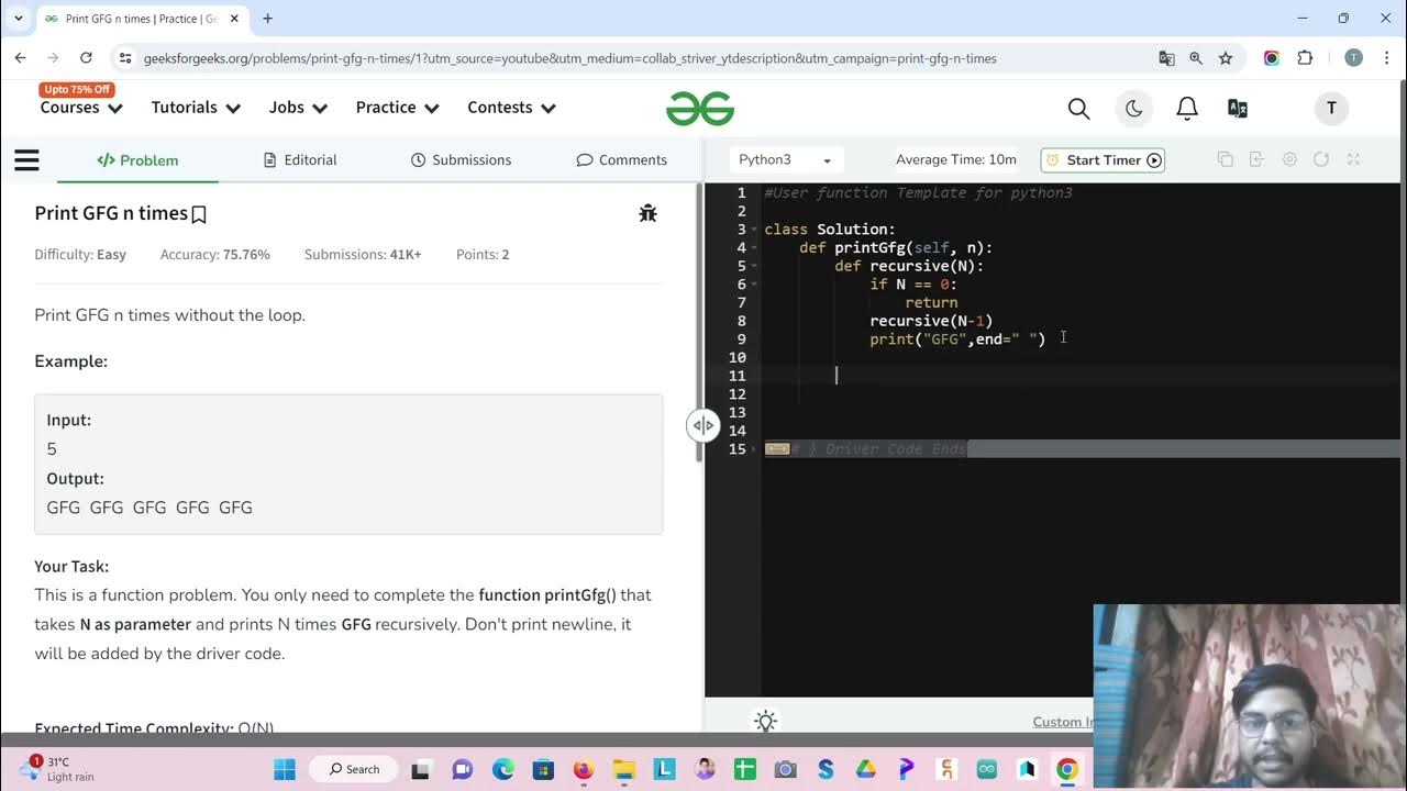 Recursion 2 ( Print name n times without using the loop) python problem solving - YouTube