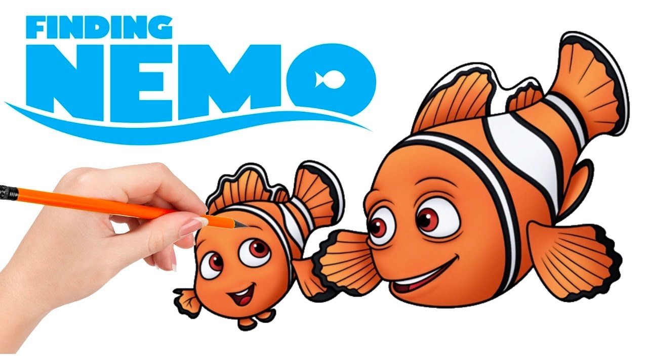 How to draw Nemo, the young clownfish and his father, Marlin, living in ...