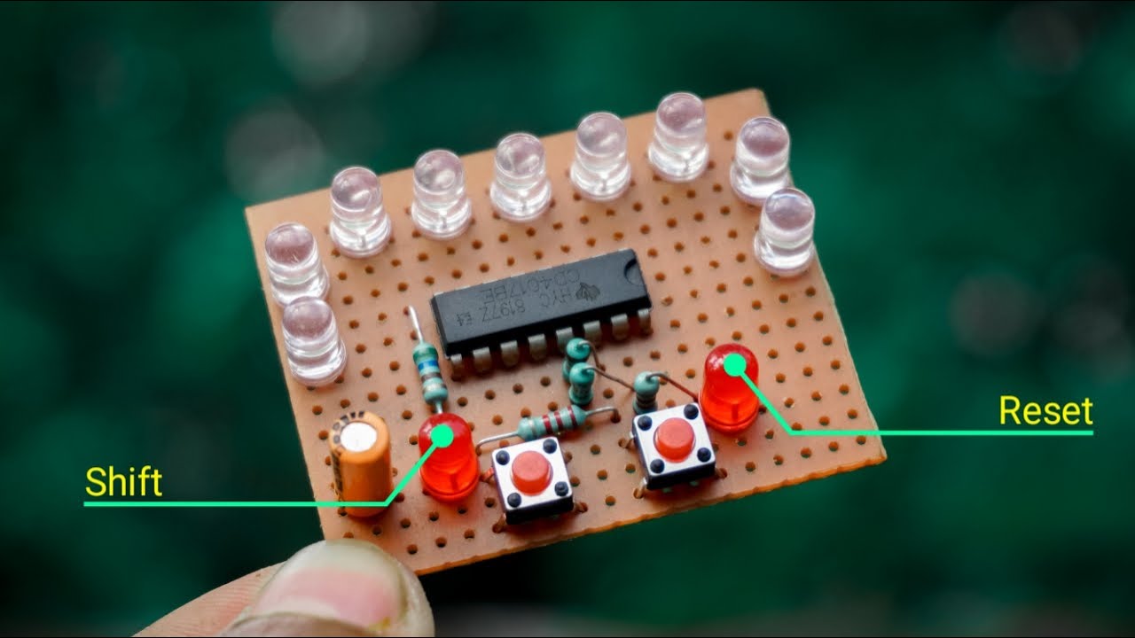 10 Step LED shifting with reset button using CD4017 IC || LED shifting ...