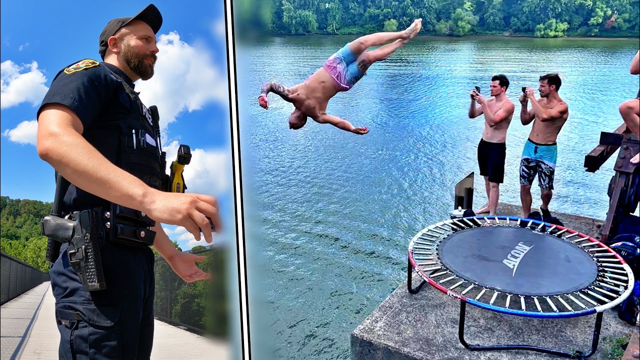 50' Trampoline to Water! - COPS CALLED! - YouTube