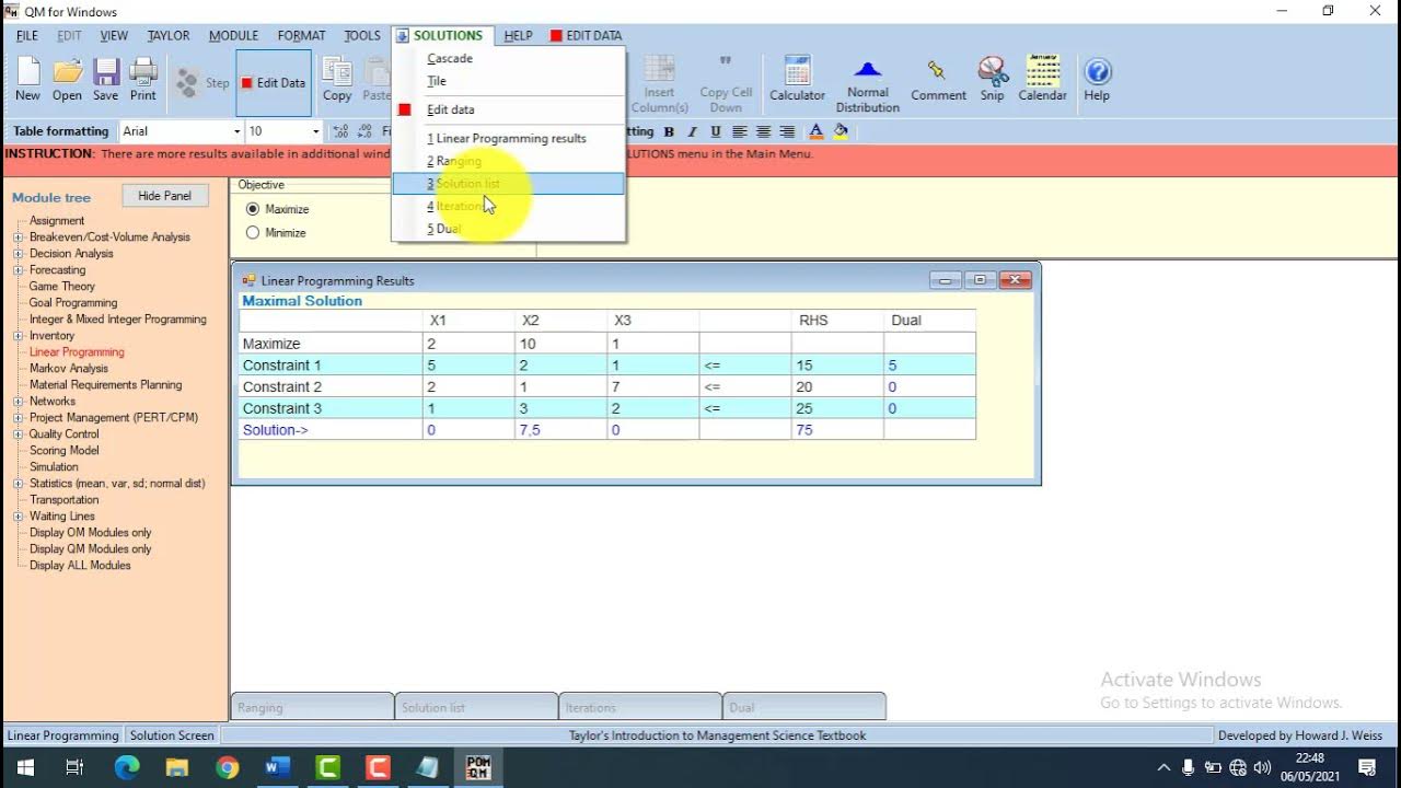 PENYELESAIAN LINEAR PROGRAMING MENGGUNAKAN QM FOR WINDOWS - YouTube
