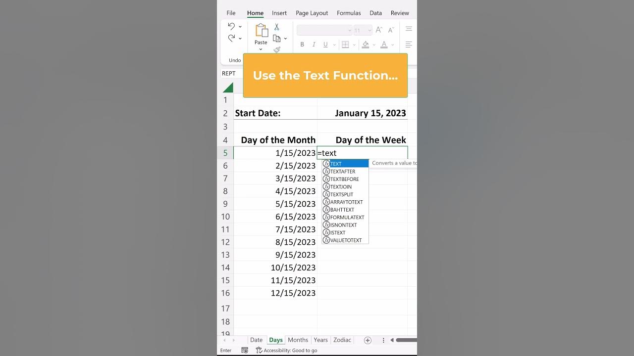 Generate Days of the Week: Quickly from a date using the Excel's TEXT ...