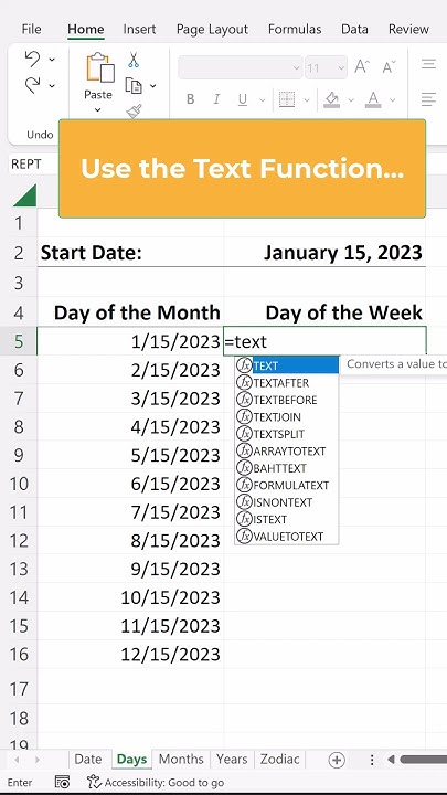 Generate Days of the Week: Quickly from a date using the Excel's TEXT Function - YouTube