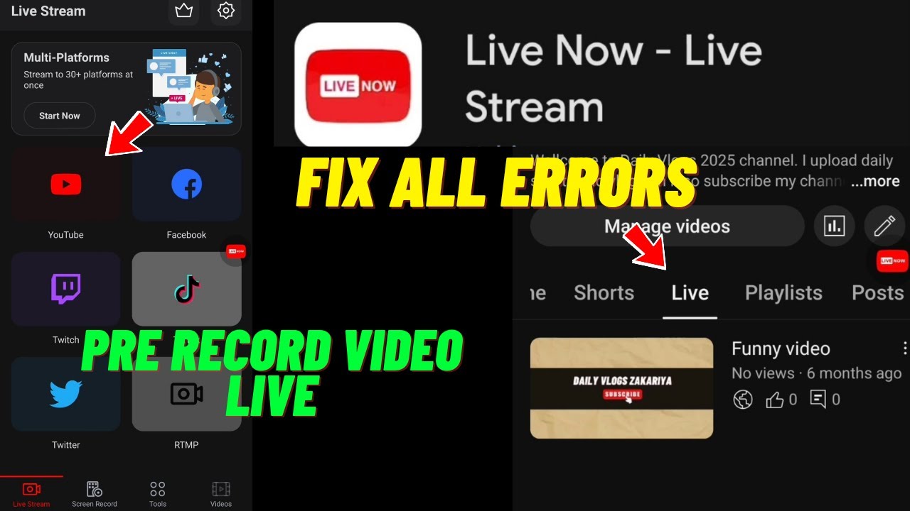 Live Now App Problem Not Working , Pre recorded video on youtube live ...