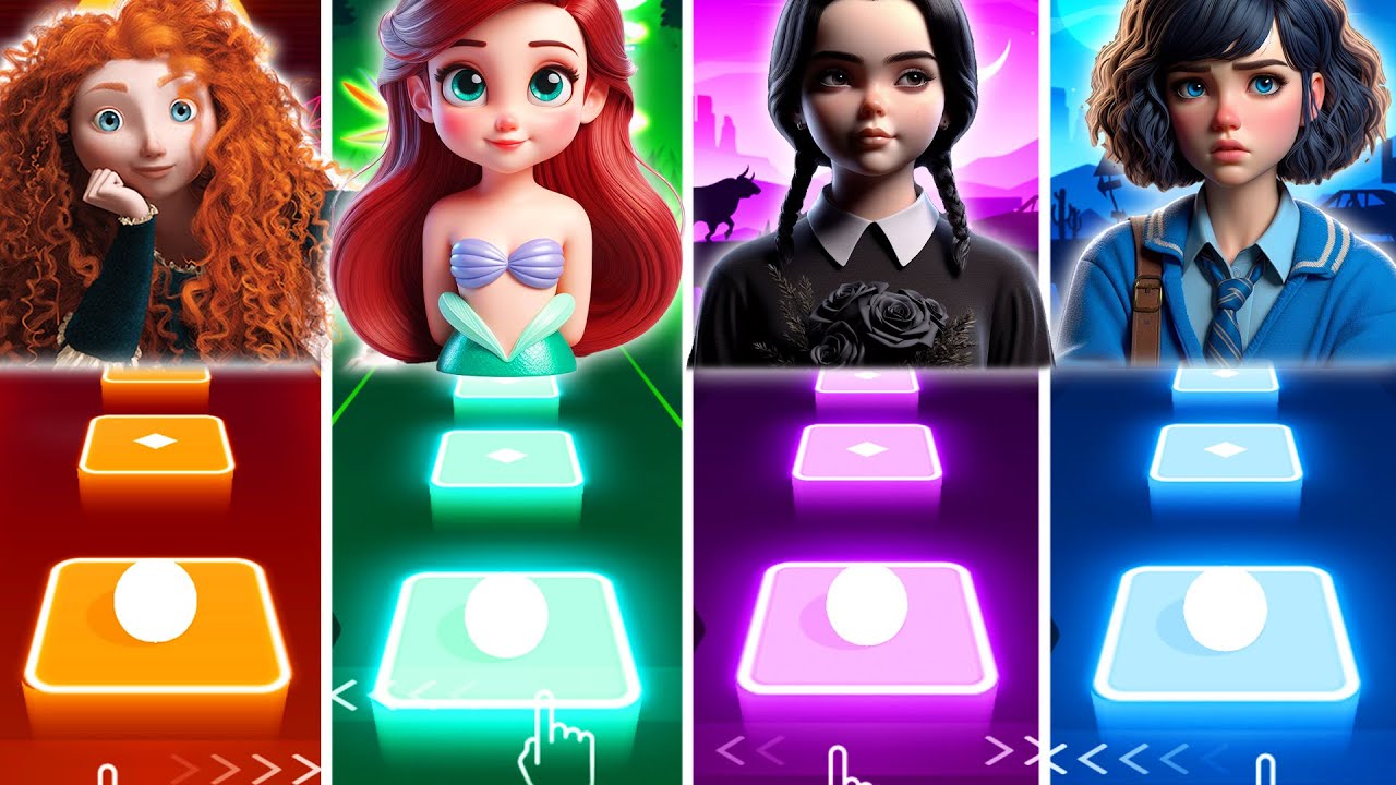 Merida Vs Ariel Vs Wednesday Vs Enid Sinclair - Tiles Hop - YouTube