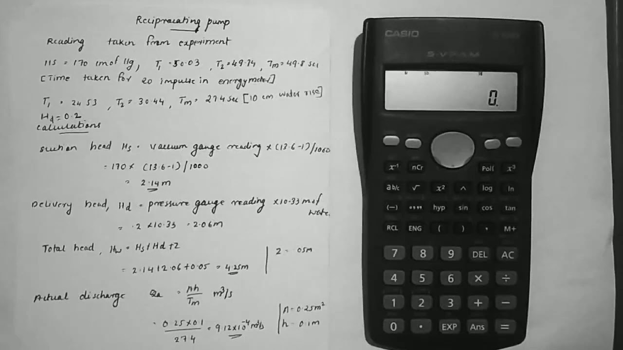 RECIPROCATING PUMP | EXPERIMENT 3| SAMPLE CALCULATION MODEL - YouTube