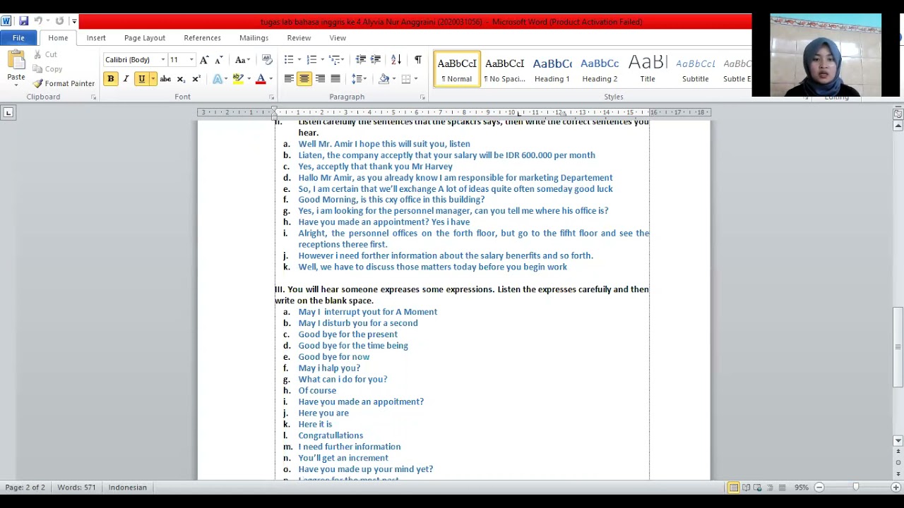 Lab Bahasa Inggris Examination Alyvia Nur Anggraini (2020031056 ...