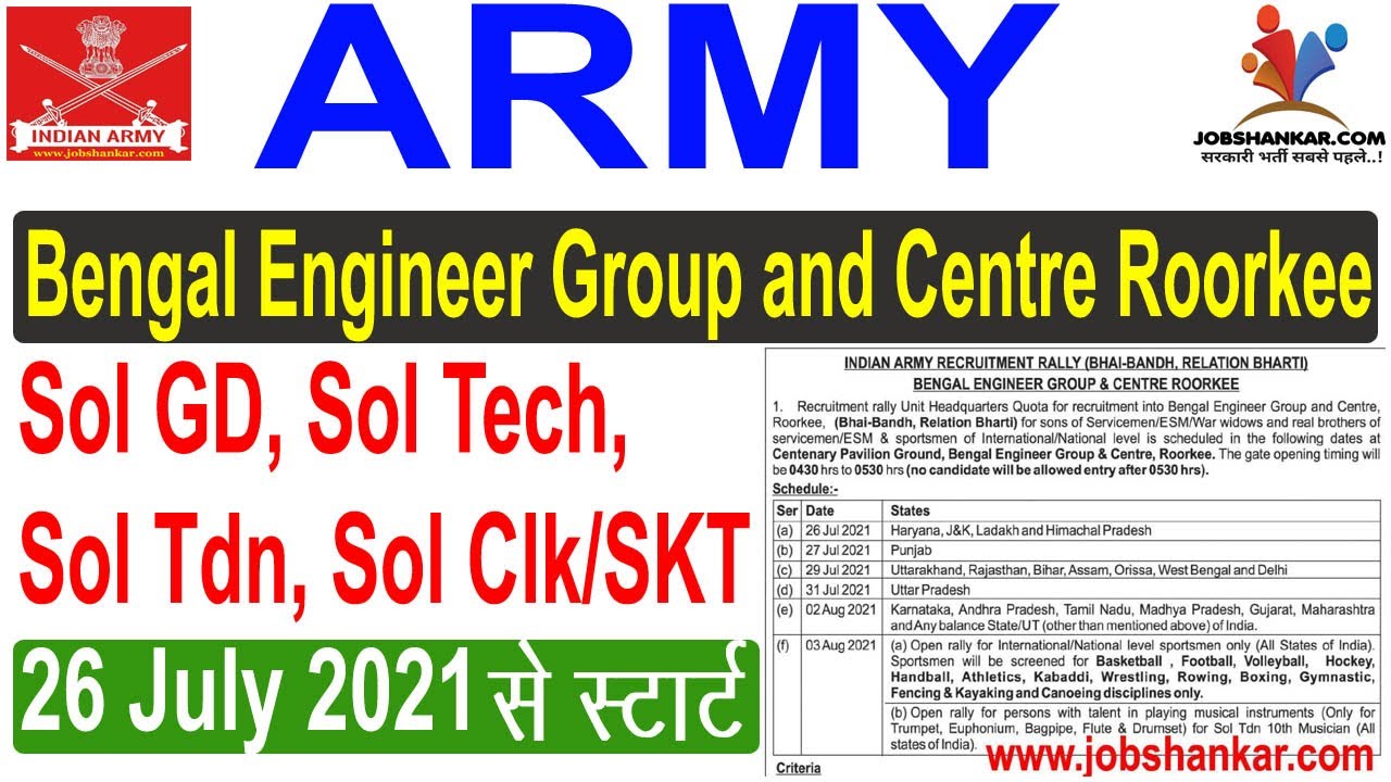Army Bengal Engineer Group and Centre Roorkee Recruitment 2021 ||आर्मी ...