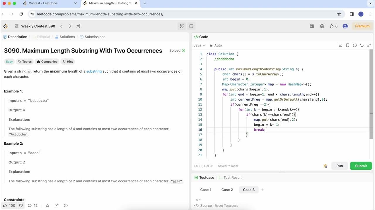 Leetcode 3090 Maximum Length Substring With Two Occurrences - YouTube