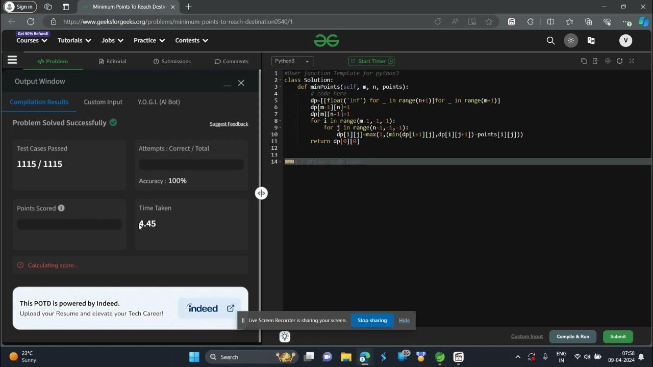 Minimum Points To Reach Destination GFG POTD Python Solution geeks for geeks problem of the day ...