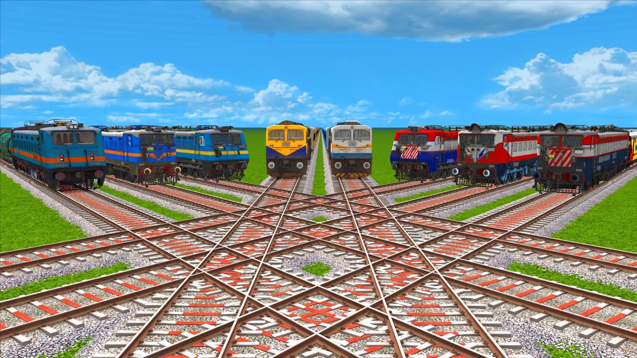 8 TRANSPORTING COLORFUL TRAINS CROSSING ON TRIPLE CRISS-CROSS RAILROAD ...