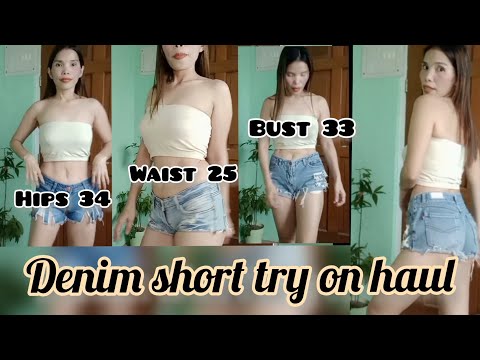 Try On haul My Top 4 Worn Denim Shorts Wearing blue t-back || 33-25-34