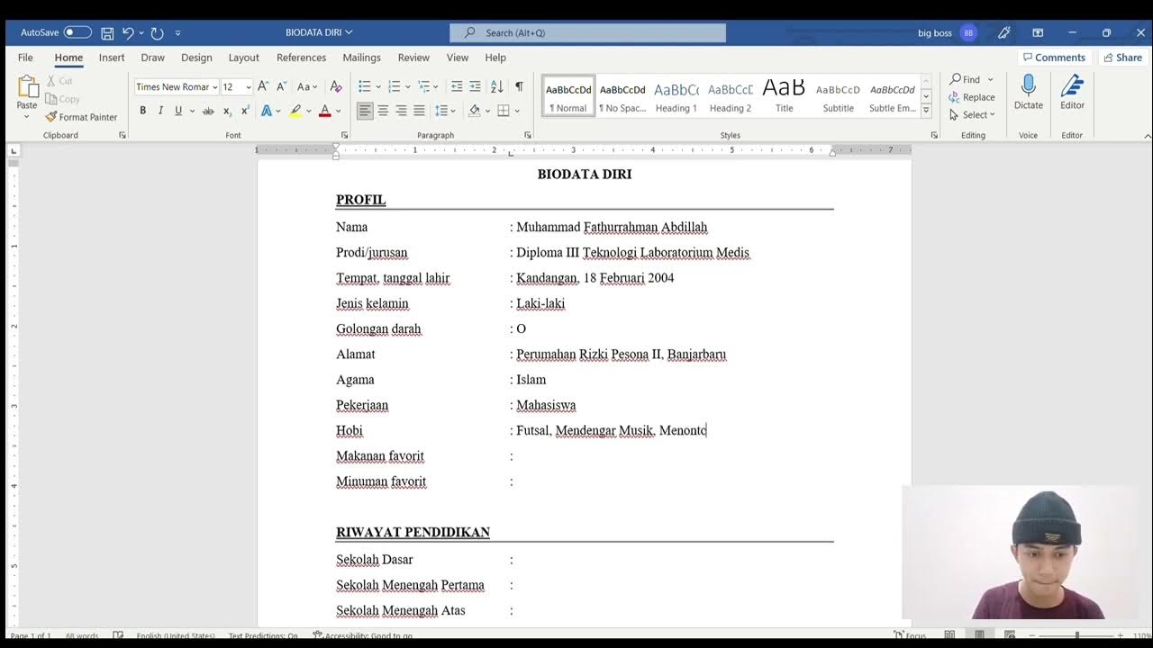 CARA MEMBUAT BIODATA DIRI DI MICROSOFT WORD - YouTube