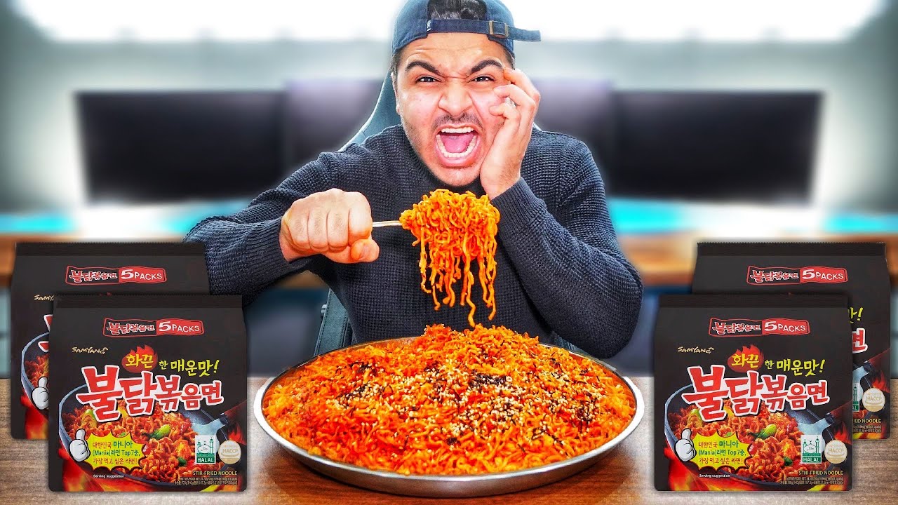 MOST KOREAN FIRE NOODLES EVER EATEN (X16 PACKS) | 불닭 볶음면 도전 - YouTube