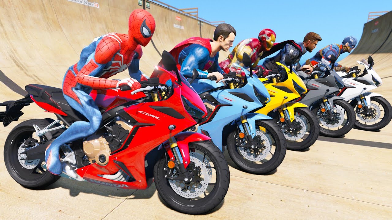 Spiderman Motorcycles with Superheroes - Impossible Mountain Road Ramp ...