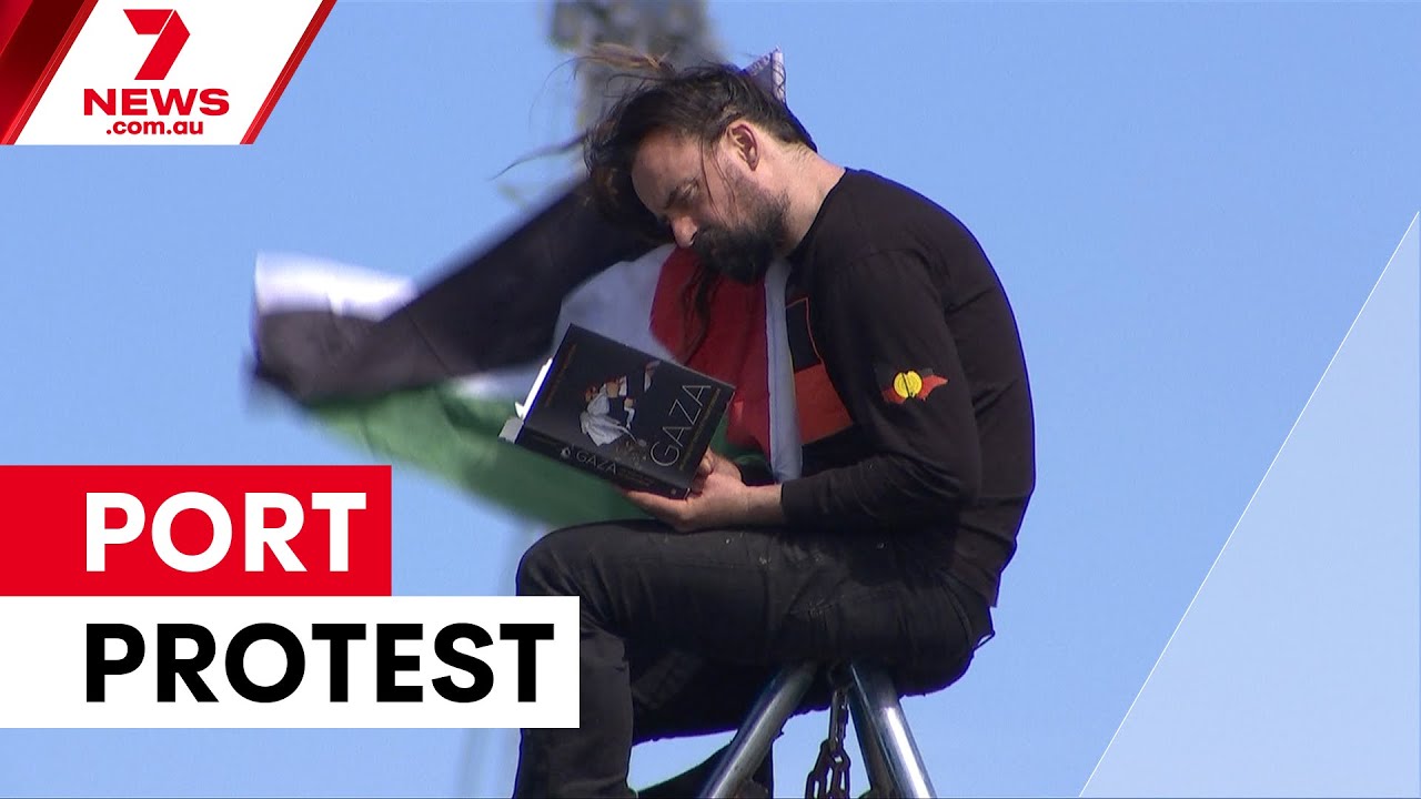 Pro-Palestinian protesters blockade Webb Dock | 7NEWS - YouTube