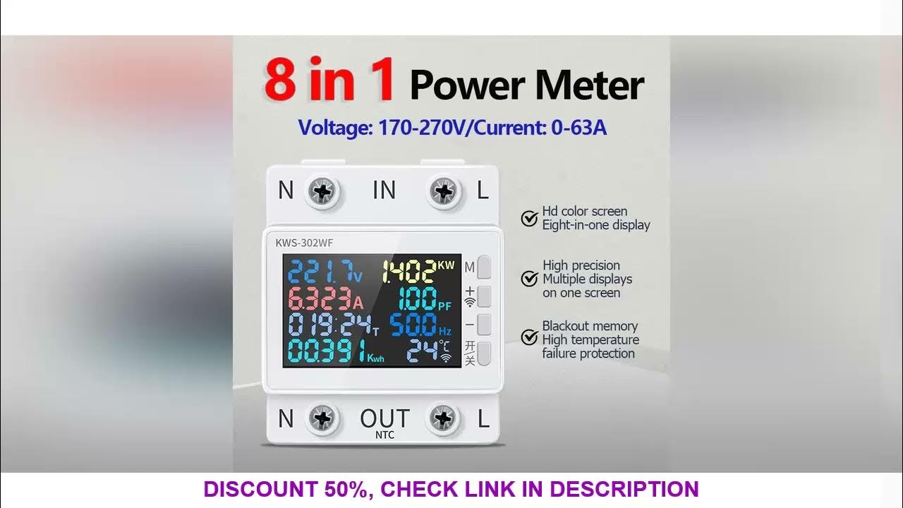 170-270V/63A Power Meter 8in1 Color Screen Multi-function AC Energy Power Voltmeter Voltage Amps ...