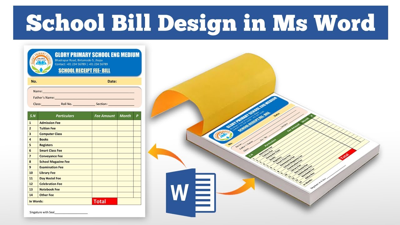 School Bill Design in MS Word || Printable School Bill Design in ...