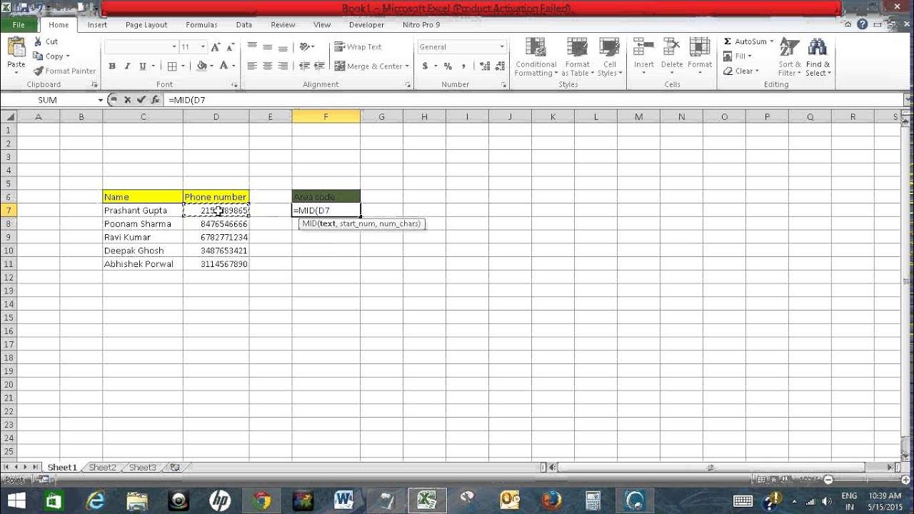 Separate area code from phone number in Excel - YouTube