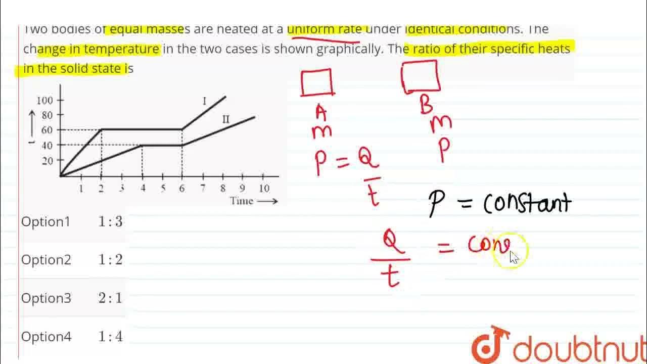 Two bodies of equal masses are heated at a uniform rate under identical conditions. The change i ...