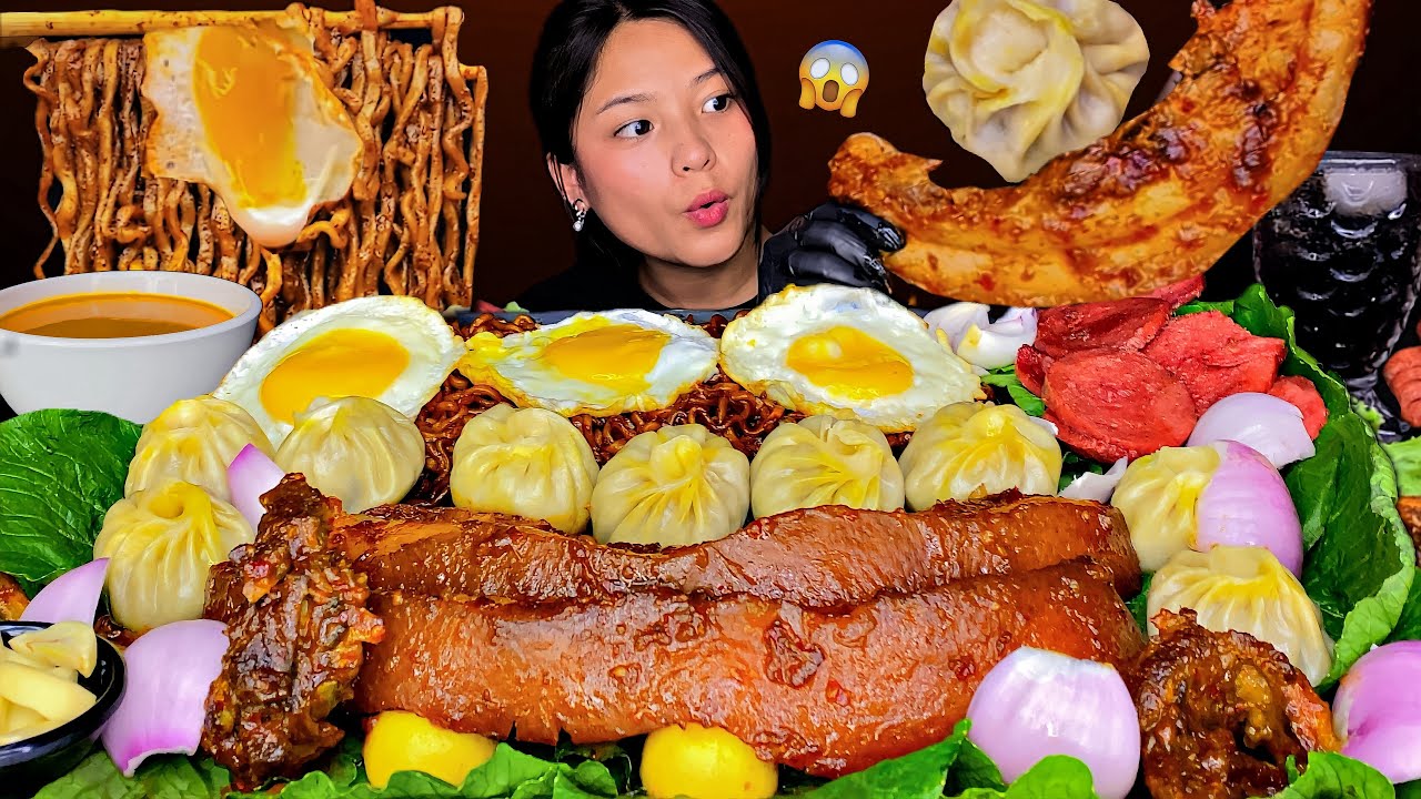 Eng Sub) Glazed Braised Pork, Black Bean Noodles With Egg & Pork Momo ...