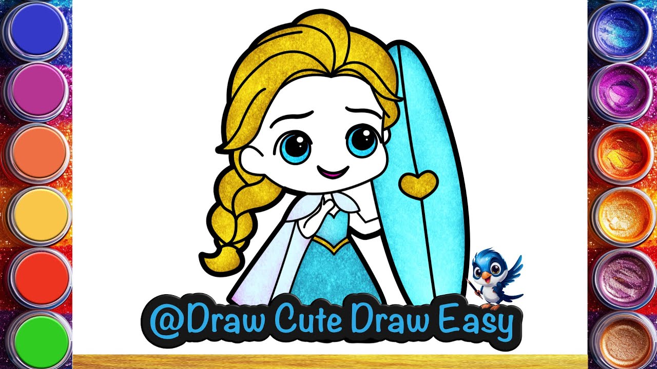 Cute How to Draw Elsa Holding a Surfing Board Easy Drawing Painting ...
