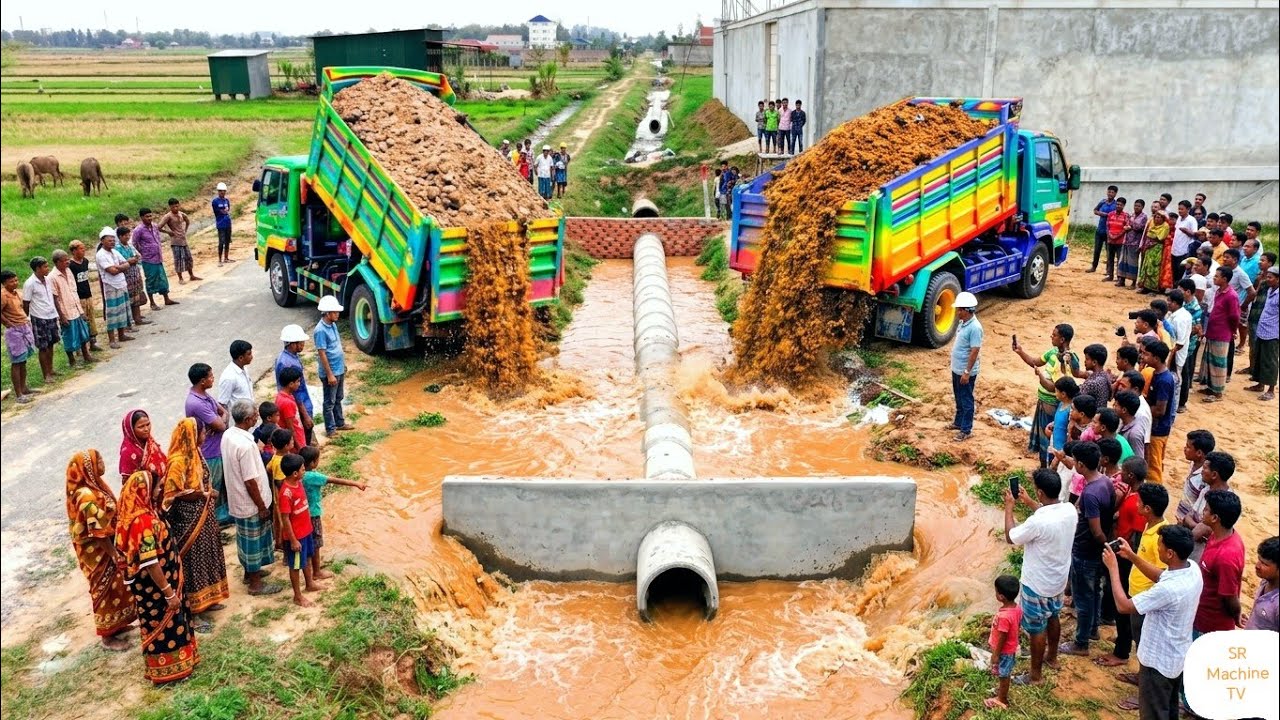 First Start Opening Delete Drainage Project! Dump Truck Unloading Soil ...