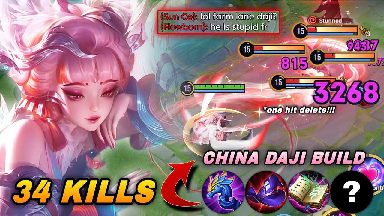 34 KILLS! DAJI FARM LANE TEASING ENEMIES WITH HER 1 HIT DELETE BUILD! | CHINA DAJI BUILD ...